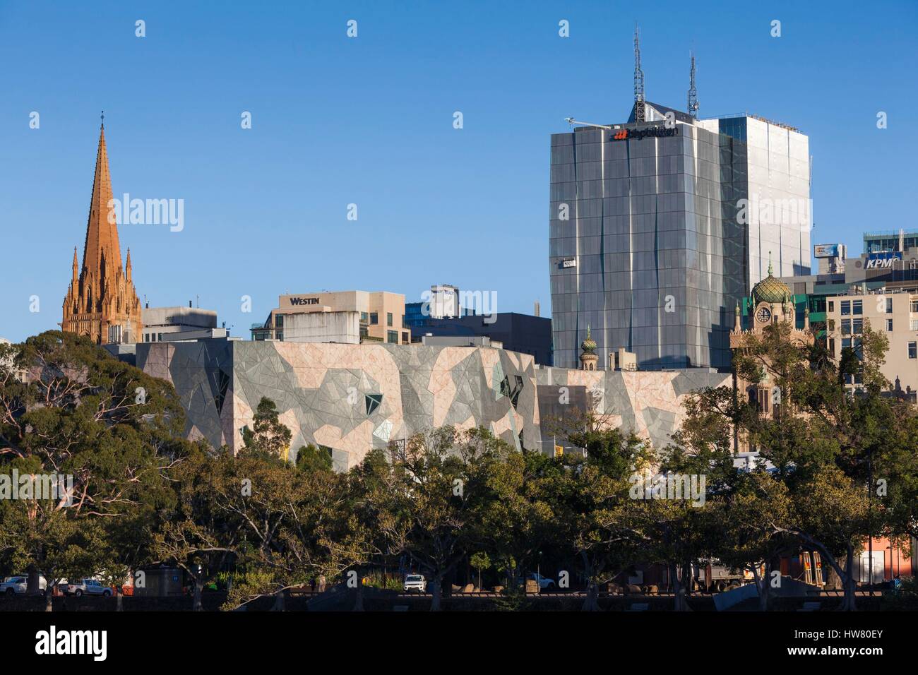 Australia, Victoria, Melbourne, Federation Square from the Yarra River ...