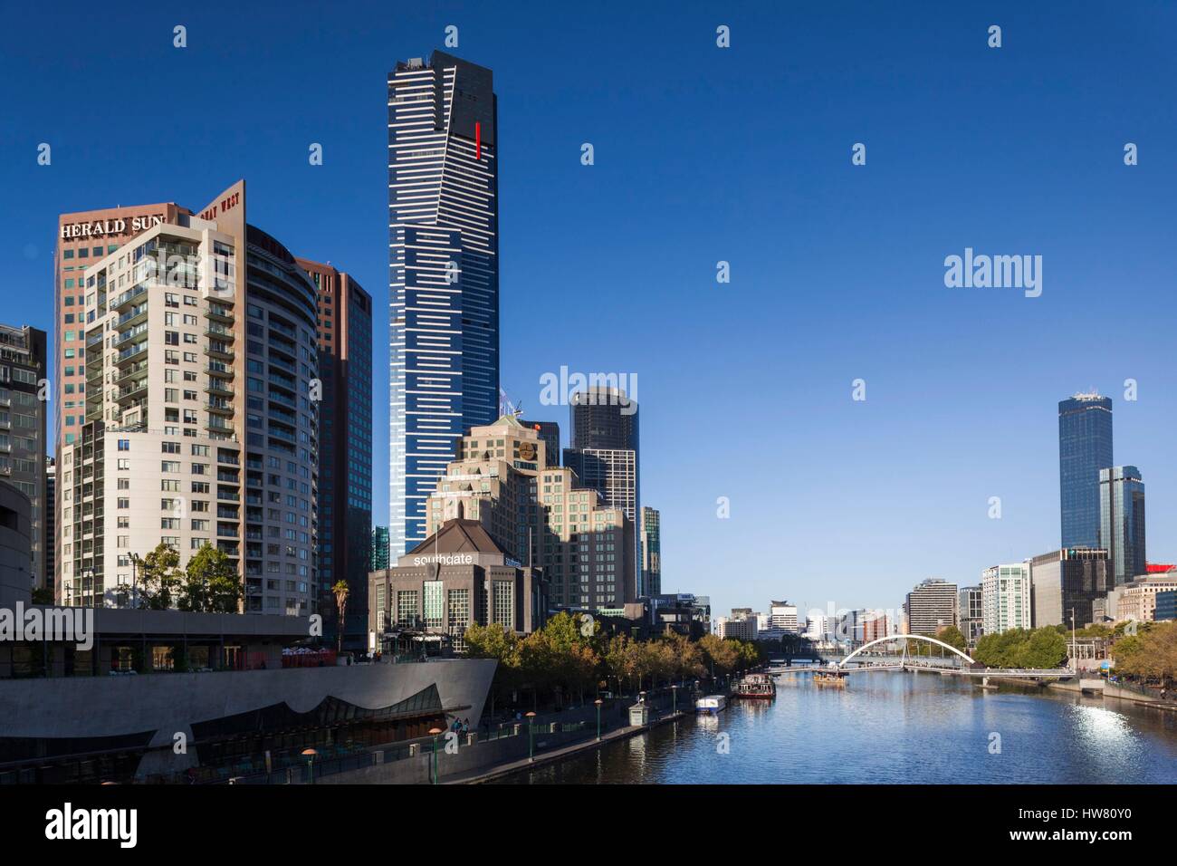 Australia, Victoria, Melbourne, Southbank skyline and Eureka Tower from ...