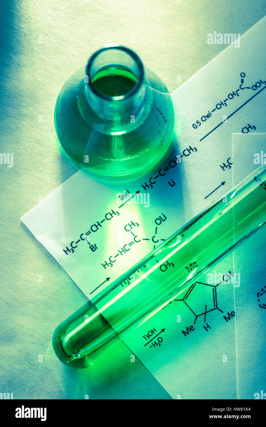 Chemical tubes with reaction formula in light Stock Photo - Alamy