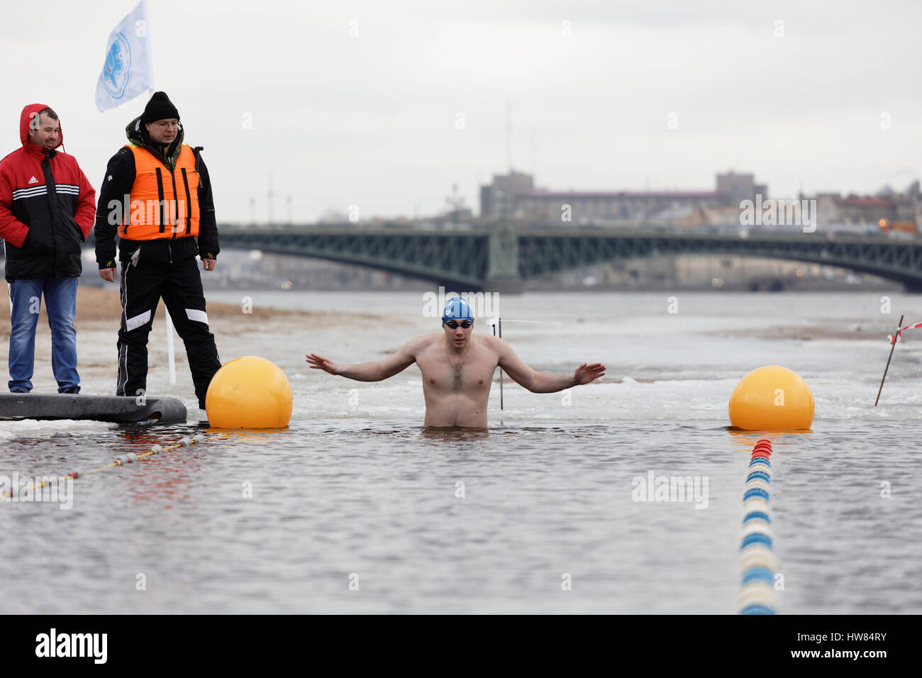 St. Petersburg, Russia, 18th March, 2017. People participate in a swim ...