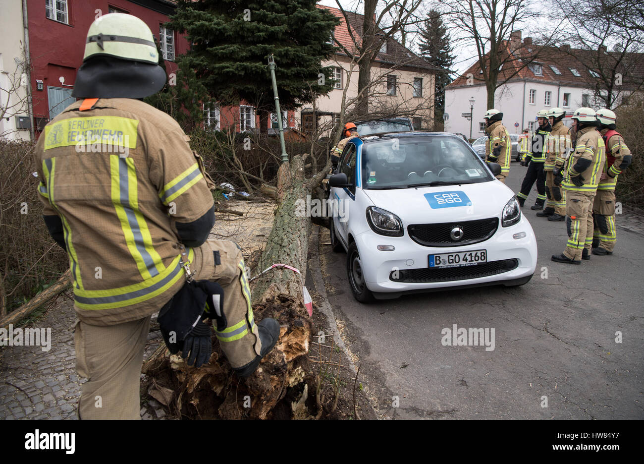 Berlin, Germany. 18th Mar, 2017. Fire fighters clear away the remains ...