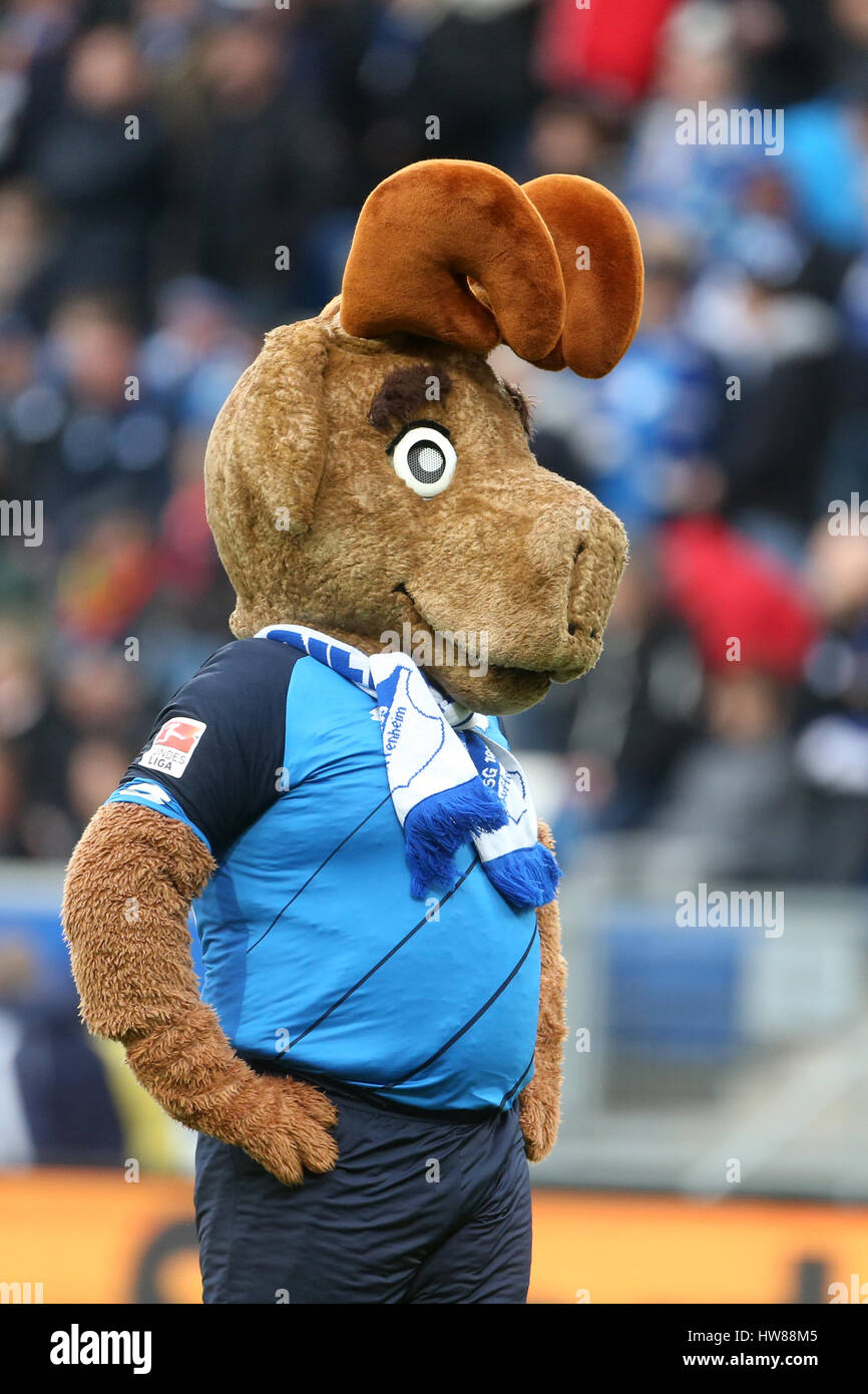 Sinsheim, Germany. 18th Mar, 2017. Hoffenheim's mascot Hoffi ...