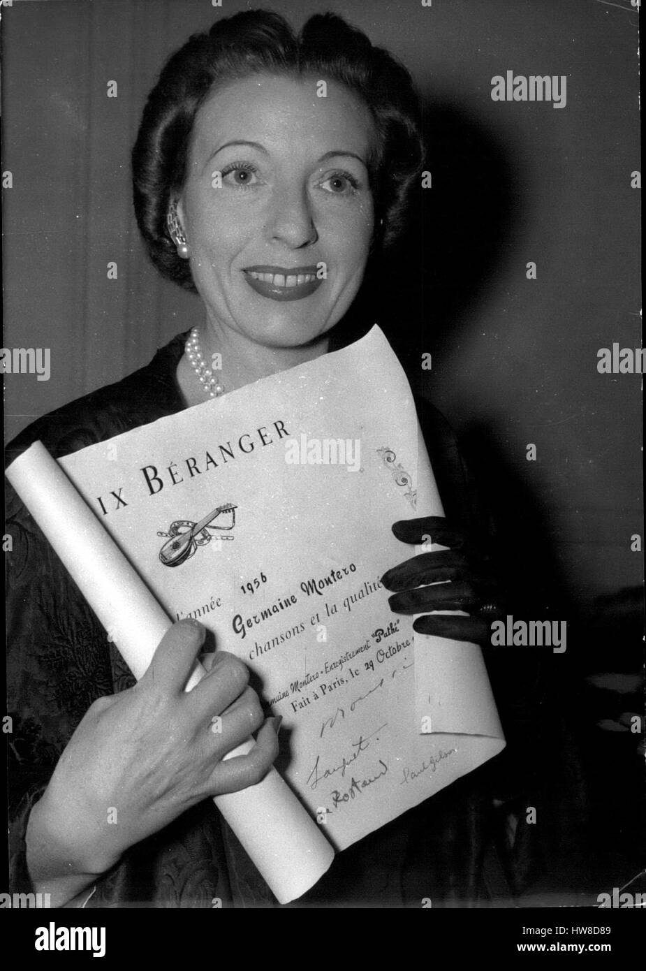 Oct. 31, 1958 - Singer Rewarded . Photo Shows Germaine Monterrey, the ...