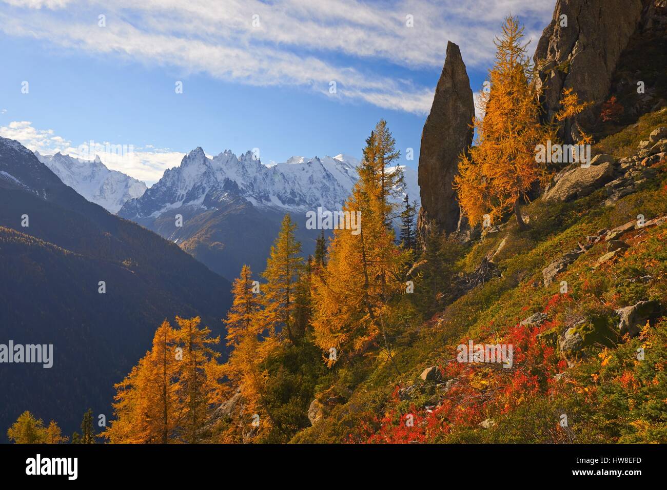 France, Haute-Savoie, Chamonix, the aiguilles de Chamonix in autumn ...