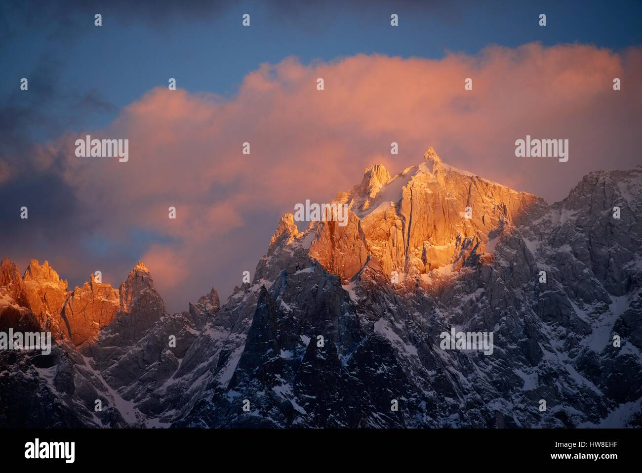 France, Haute-Savoie, Chamonix, the aiguille du Plan (3673 m) at sunset ...