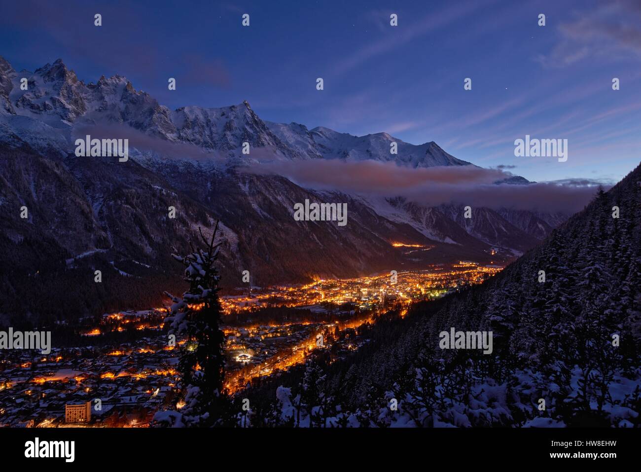 France, Haute-Savoie (74), Chamonix and the Mont-Blanc by night Stock ...