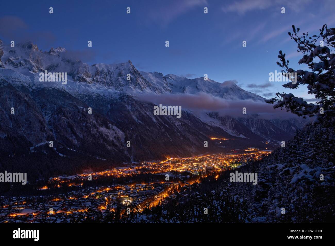 France, Haute-Savoie (74), Chamonix and the Mont-Blanc by night Stock ...