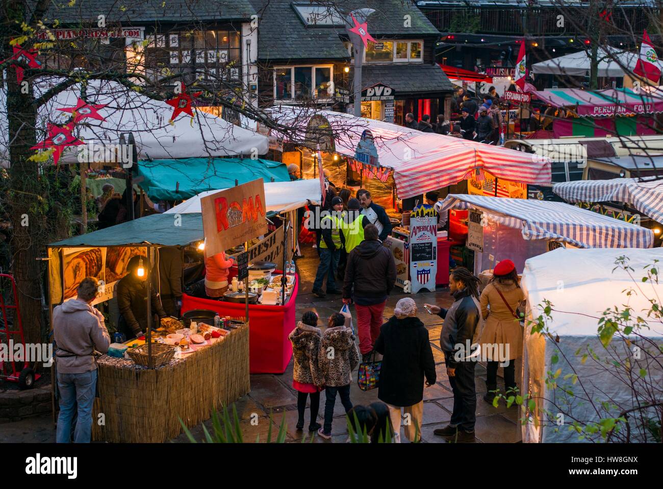 England, London, Camden, Camden Market, outdoor food court, dusk Stock ...