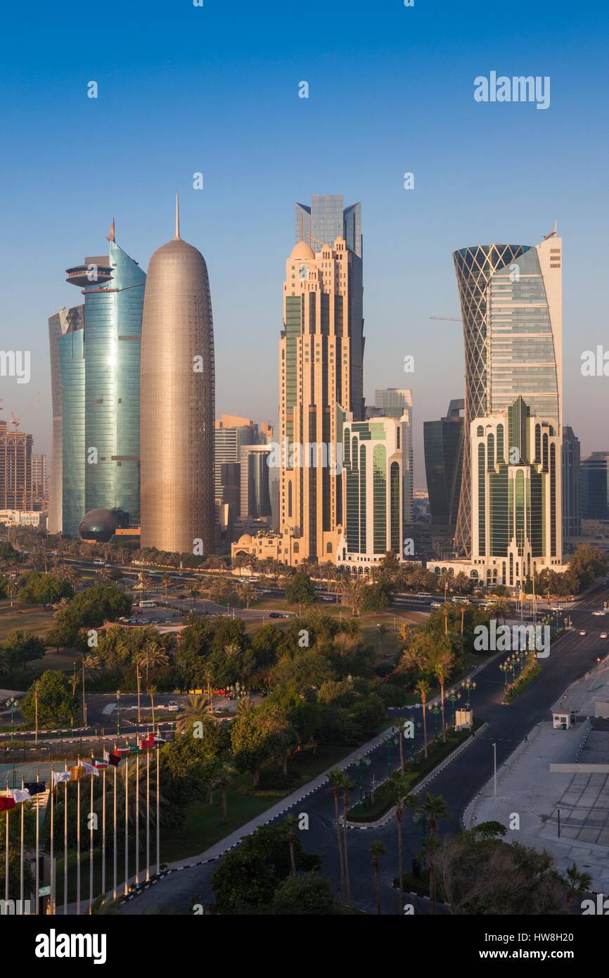 Qatar, Doha, Doha Bay, West Bay Skyscrapers, elevated view, dawn Stock ...