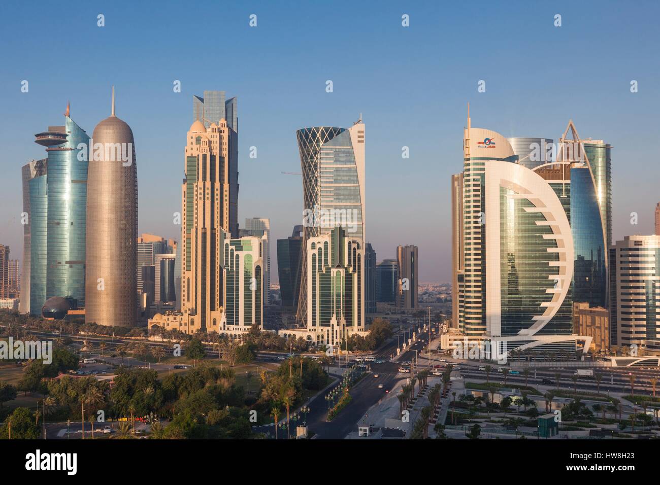 Qatar, Doha, Doha Bay, West Bay Skyscrapers, elevated view, dawn Stock ...