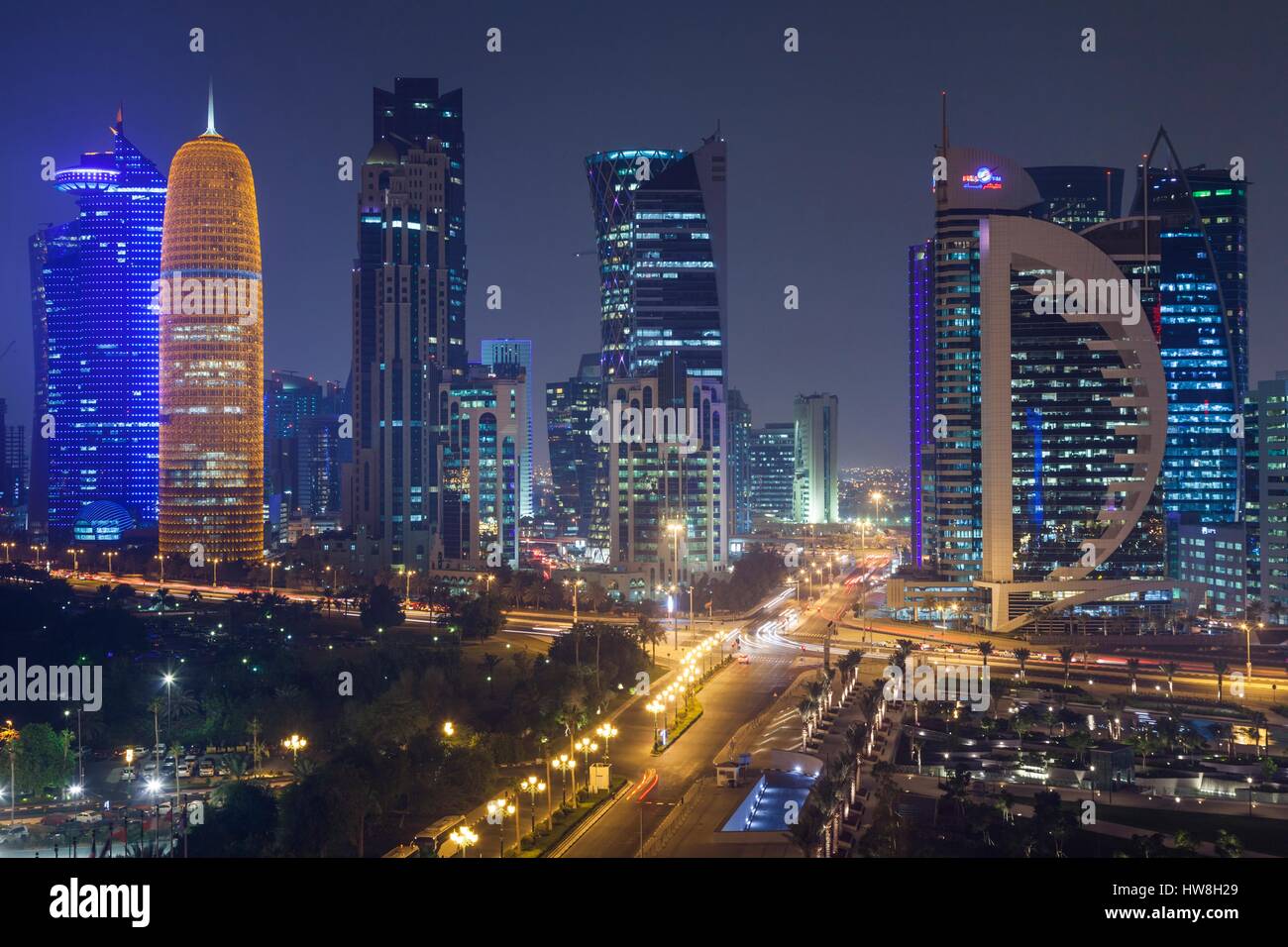 Qatar, Doha, Doha Bay, West Bay Skyscrapers, elevated view, dusk Stock ...