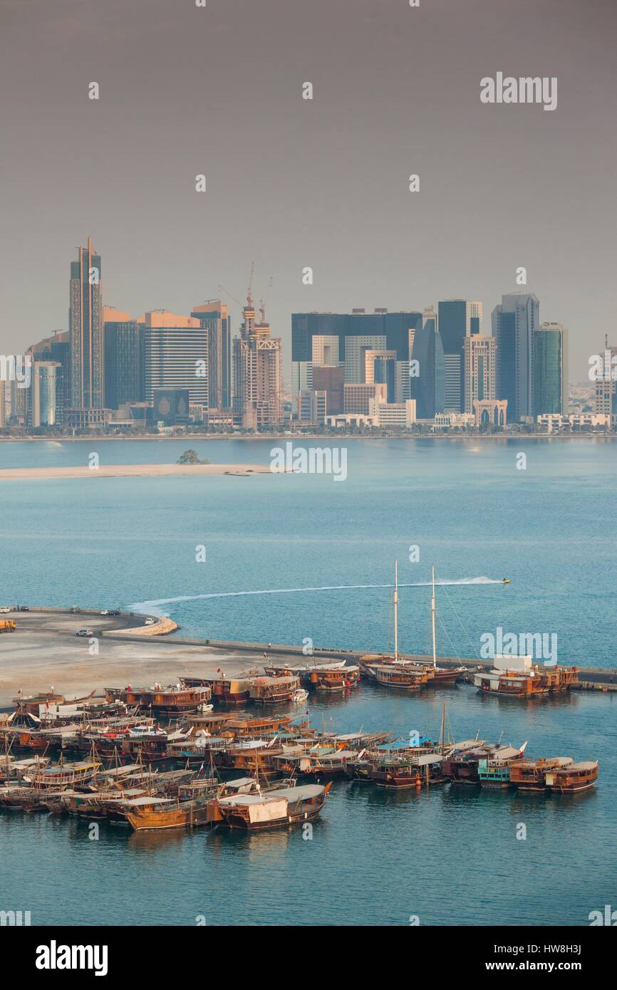 Qatar, Doha, Doha Bay, West Bay, elevated view with Dhow Harbor, dawn ...