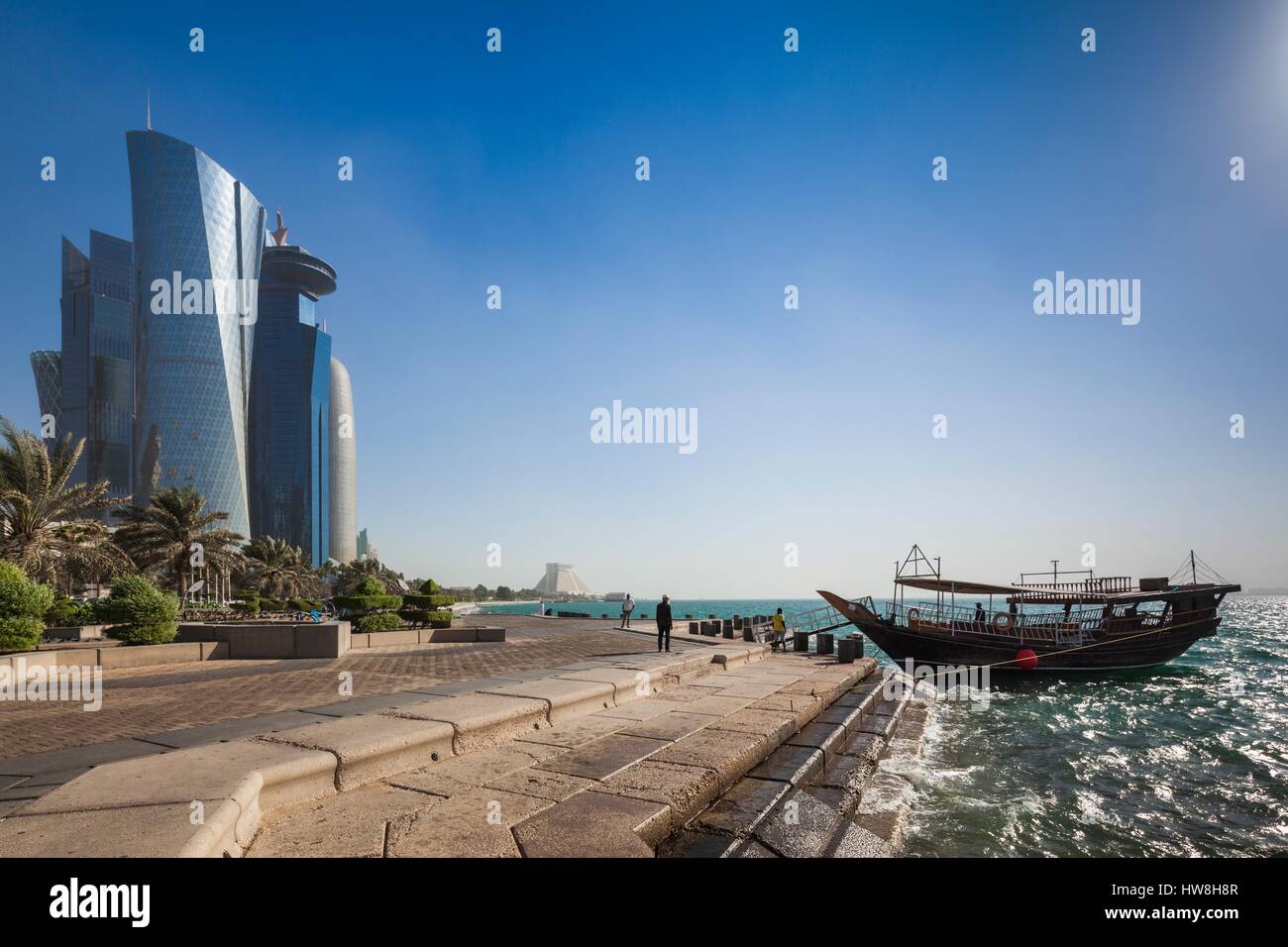 Qatar, Doha, Doha Bay, West Bay Skyscrapers from the Corniche, morning ...