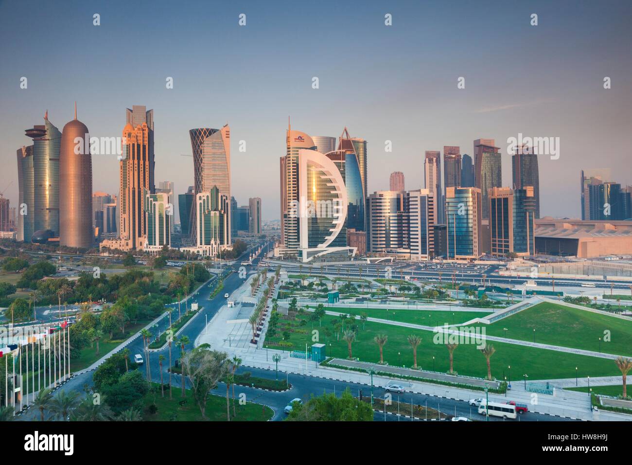 Qatar, Doha, Doha Bay, West Bay Skyscrapers, elevated view, dawn Stock ...