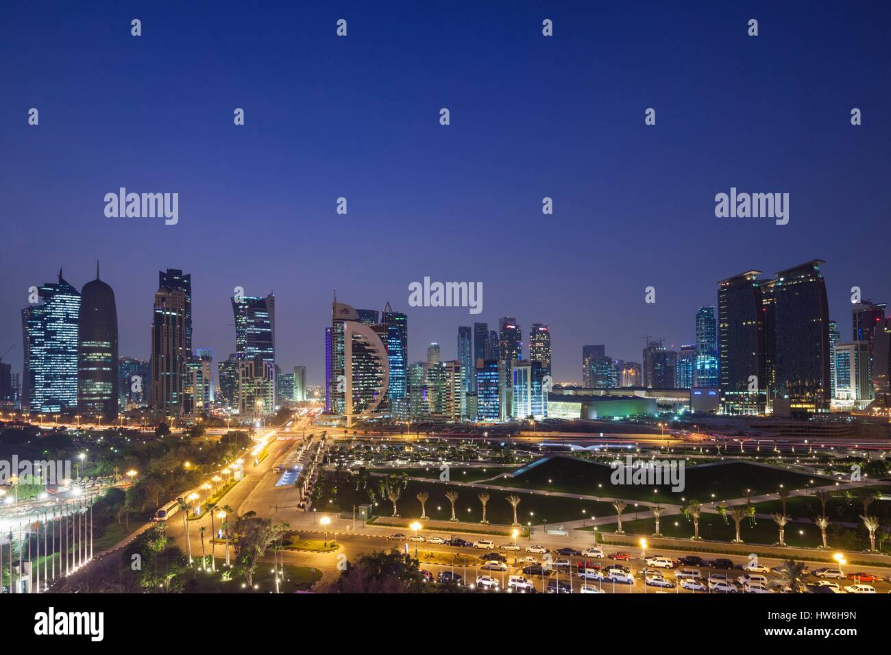 Qatar, Doha, Doha Bay, West Bay Skyscrapers, elevated view, dusk Stock ...