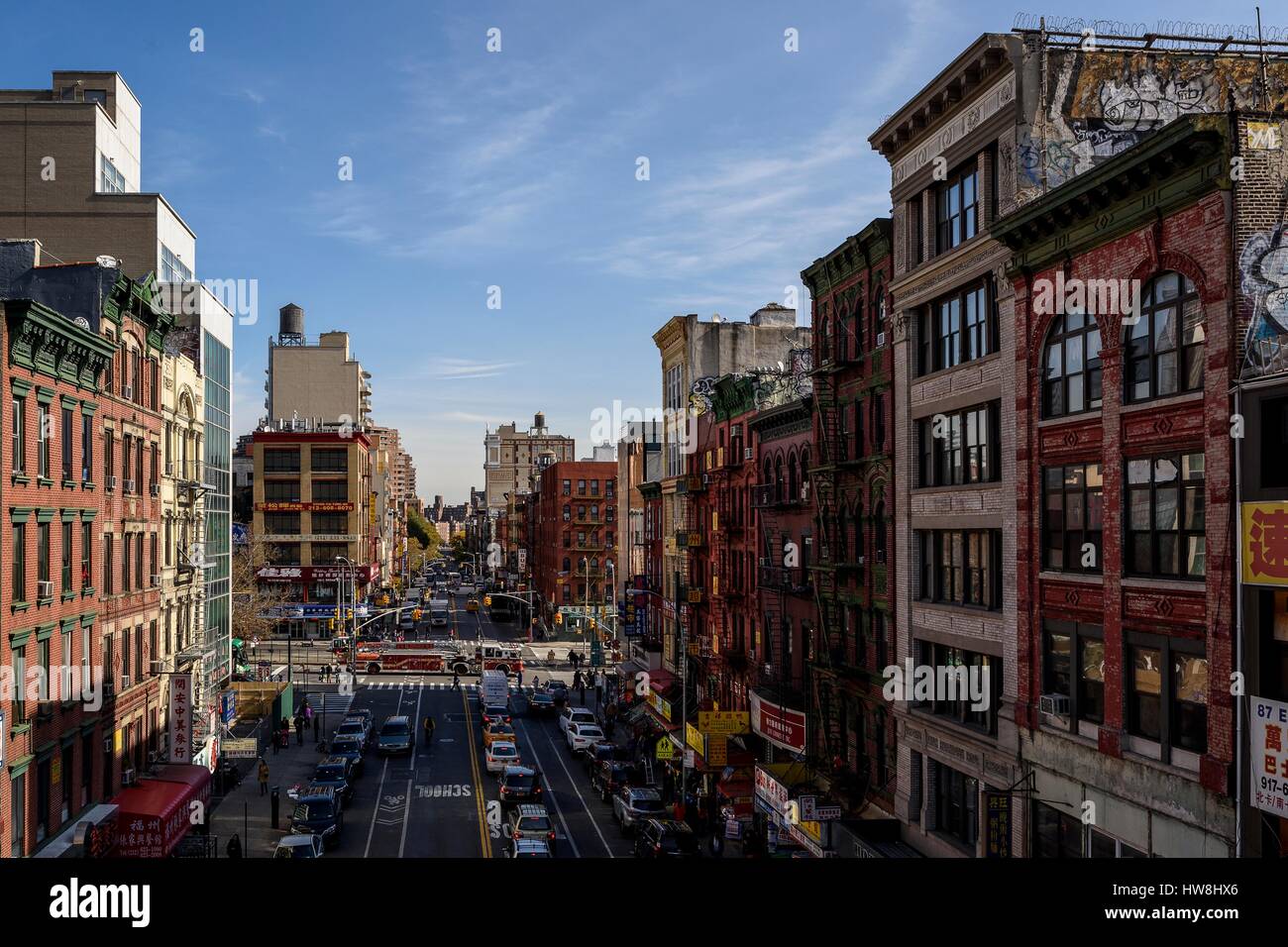 USA, New York, Manhattan, Chinatown, Typical street view of Chinatown ...