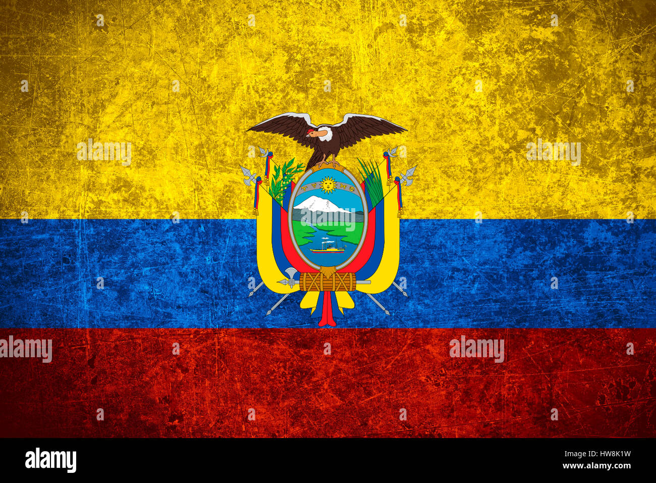 flag of Ecuador or Ecuadorian banner on scratched vintage texture Stock ...