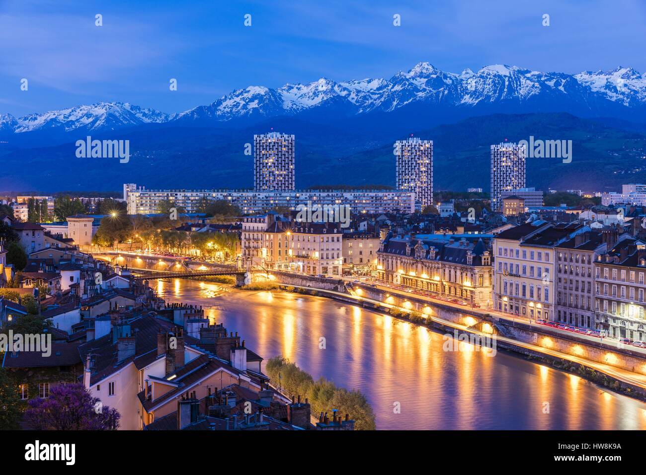 France, Isere, Grenoble, view of the quays of Isere and snowy ...