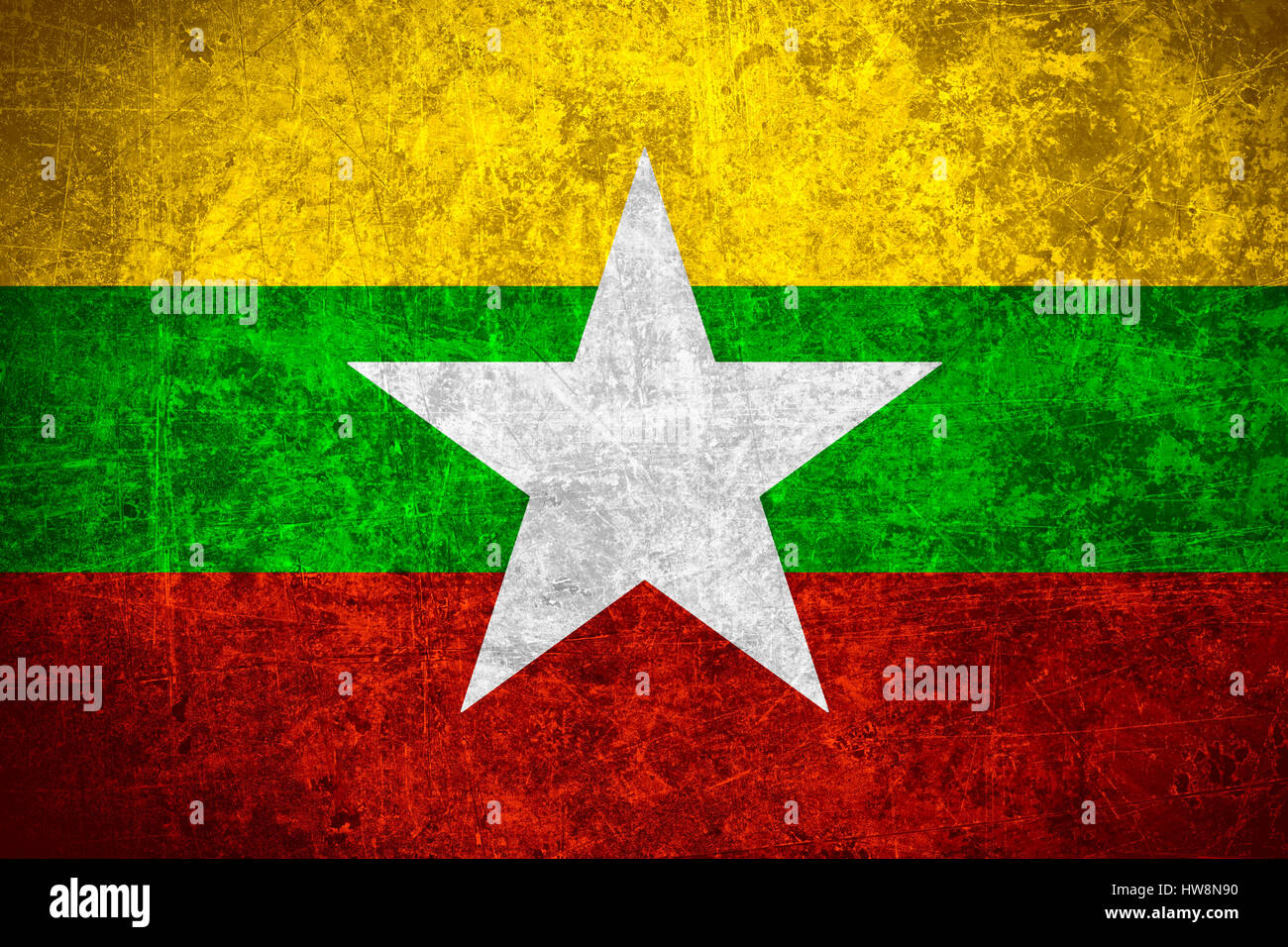 flag of Burma or Burmese banner on scratched vintage texture, Myanmar ...