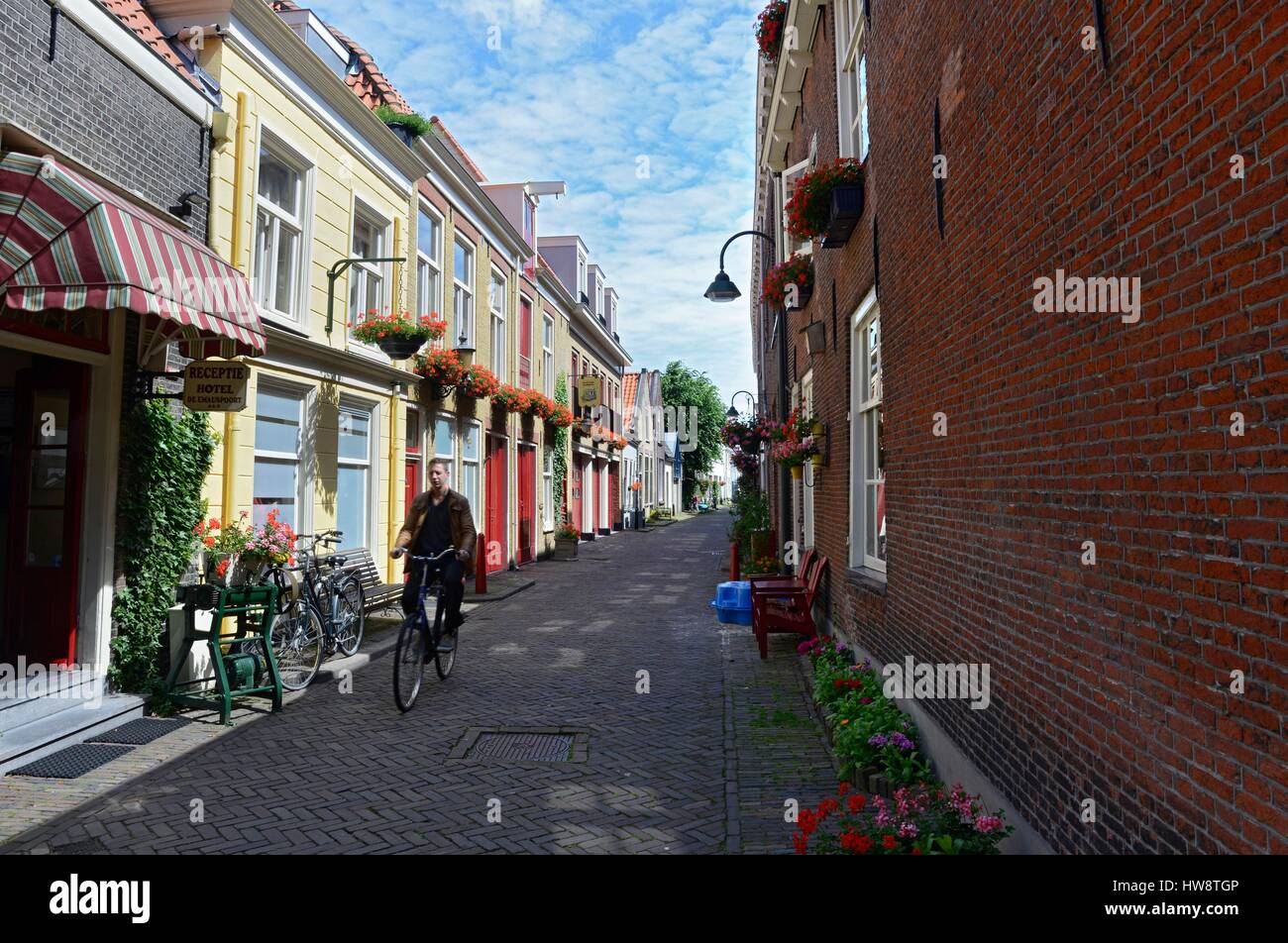 Netherlands, Holland, Delft, streets and gabled houses in the old town ...