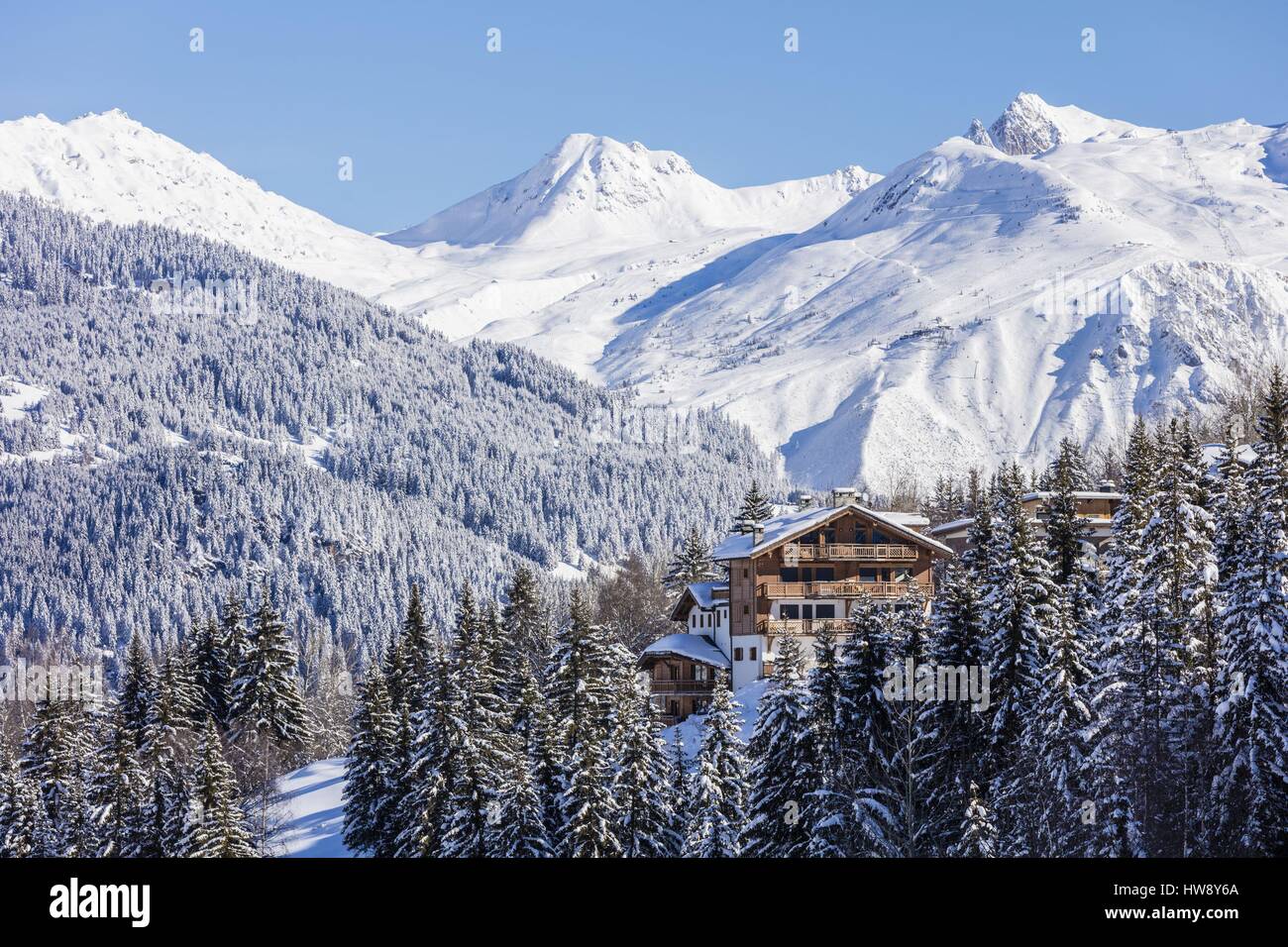 France, Savoie, Courchevel 1650, view of the ski resort of Champagny en ...