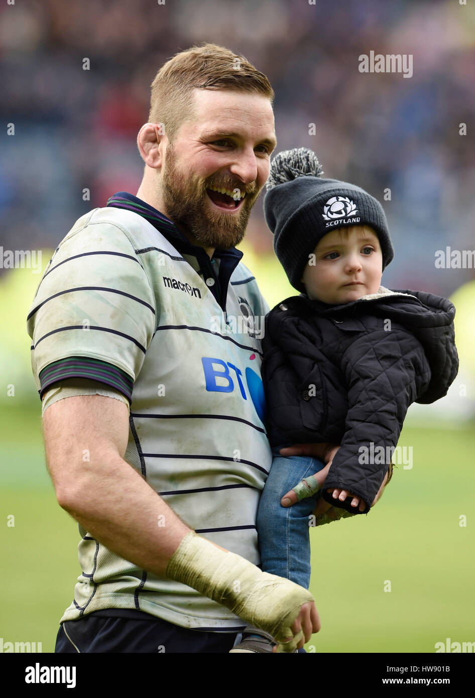 Scotland captain John Barclay on a lap of honour with his son during ...