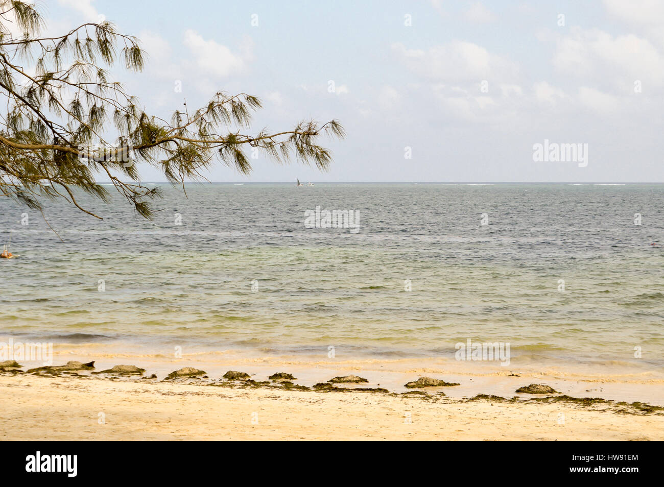 View of the beach and ocean at sunrise in Bamburi, Kenya Stock Photo ...