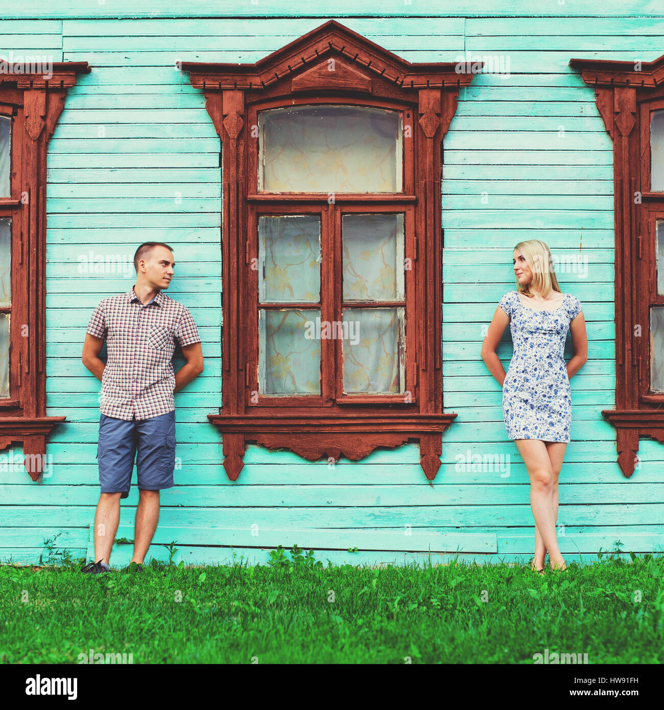 Happy young modern couple in a city on nature. A declaration of love, a ...