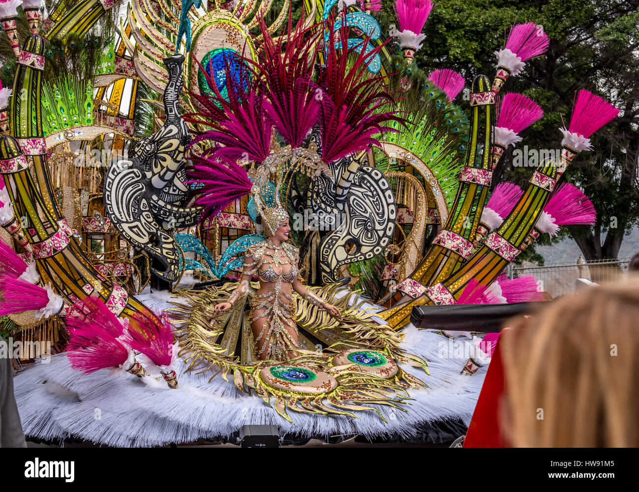 Woman in elaborate costume on enormous decorated float in Tenerife ...