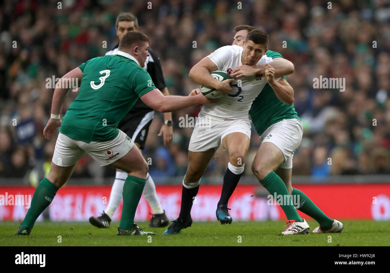 England's Ben Youngs is tackled by Ireland's Niall Scannell during the ...