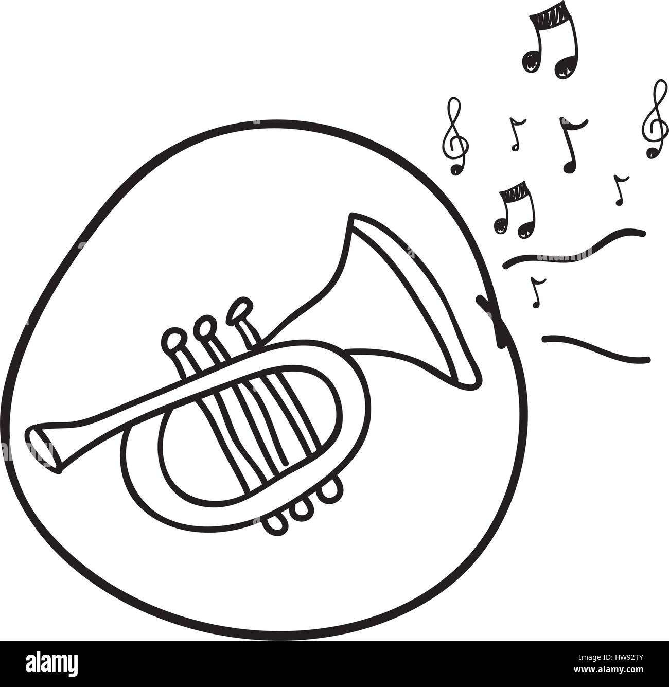 monochrome hand drawing of trumpet in circle and musical notes Stock ...