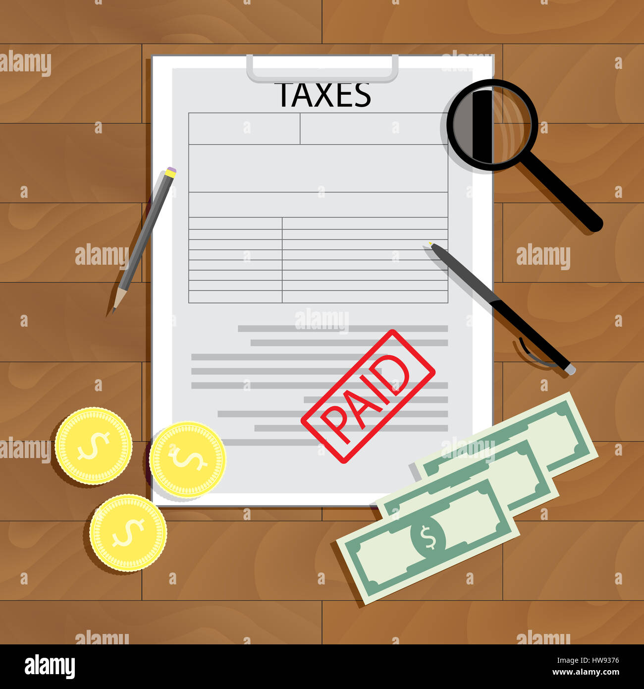 Taxes paid vector concept. Accounting paying, tax form sheet and ...