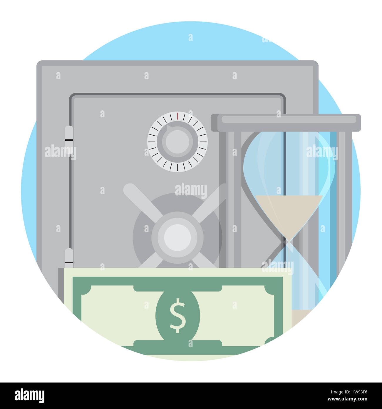 Money in bank deposit safe. Banknote and hourglass, protection ...