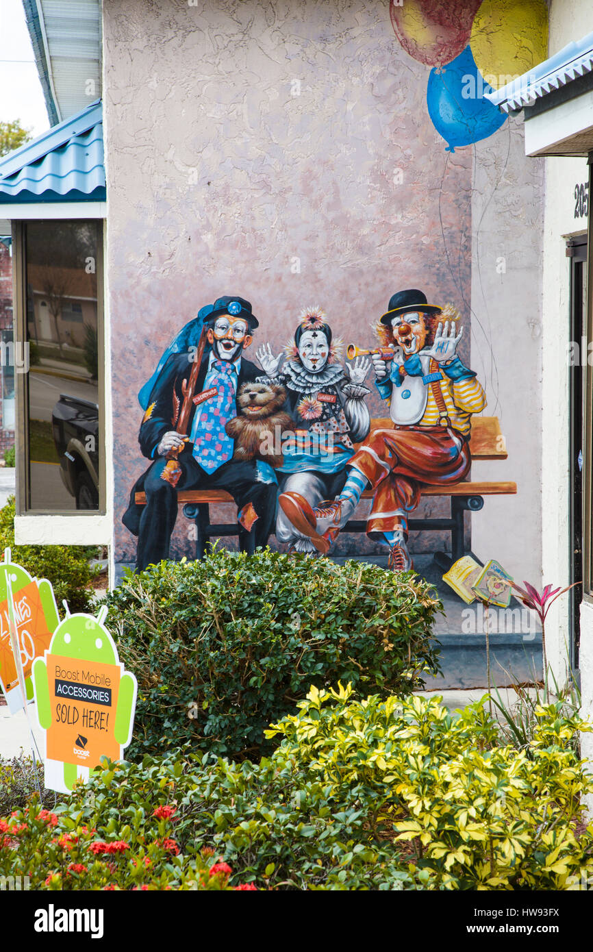 Clowns painted on outdoor building wall in Lake Placid Florida known as ...