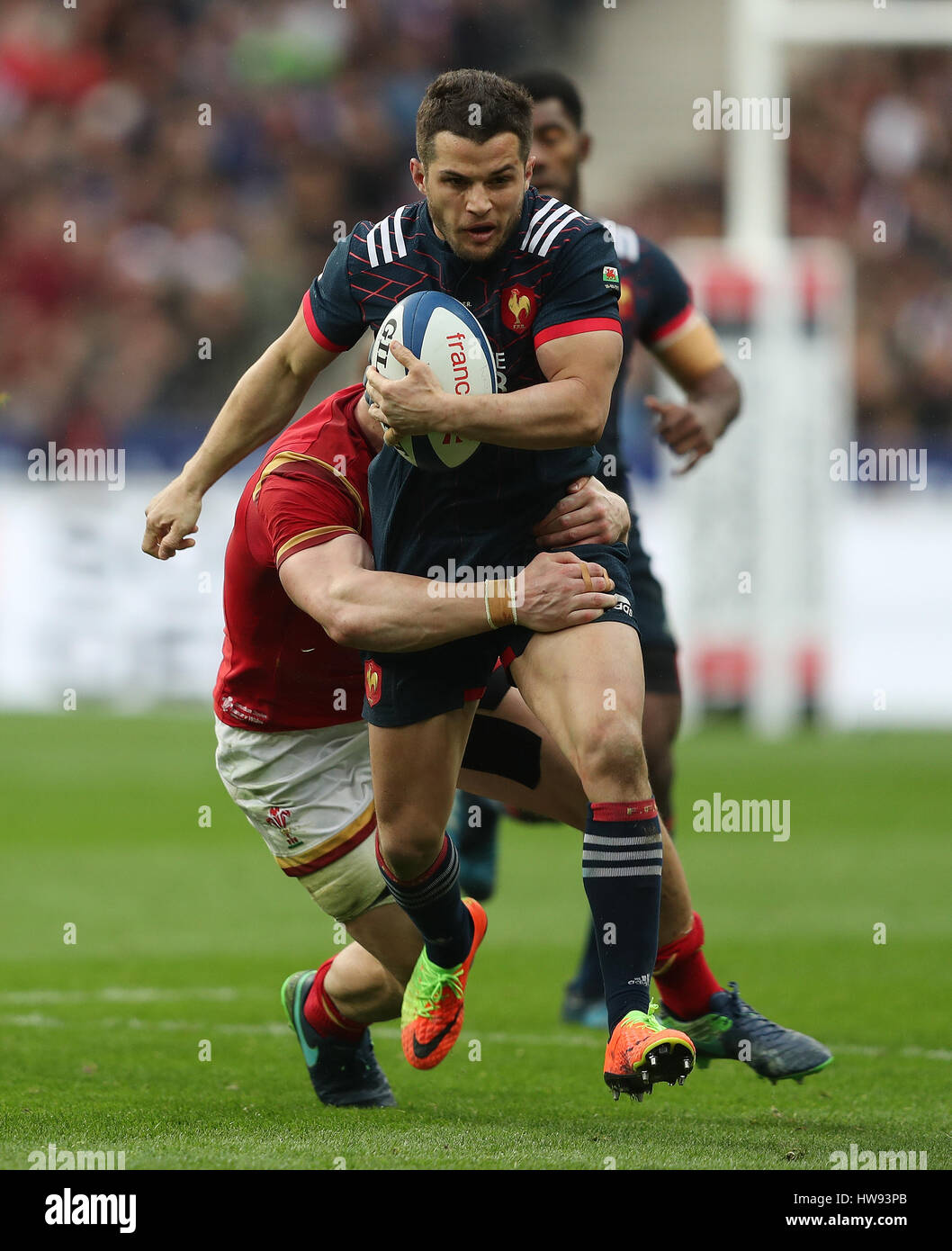 France Brice Dulin is tackled by Wales Jonathan Davies during the RBS 6 ...