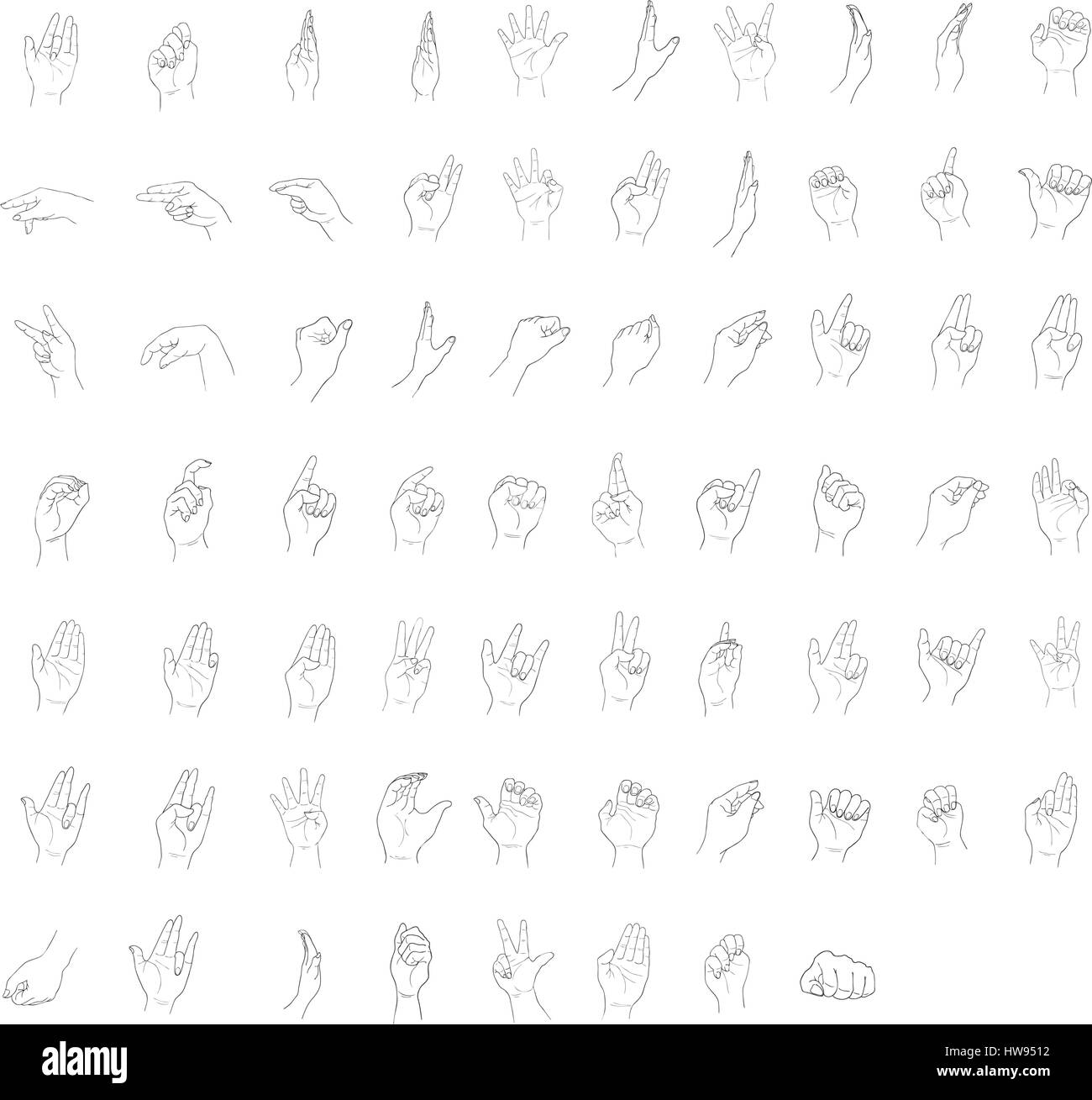 Hand Drawn Sketch of Assorted Hand Signs Gestures or Body Language Set ...