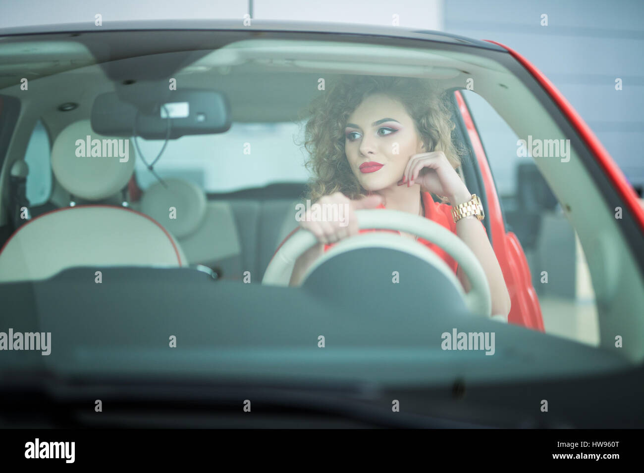 Beautiful Smiling woman driving car, attractive girl sitting in ...