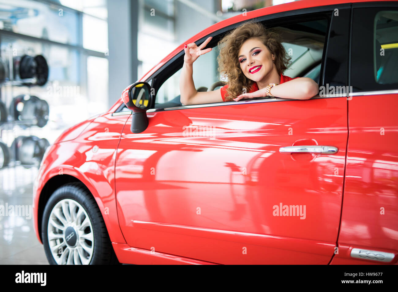 woman portrait from her car smile from window door Stock Photo - Alamy