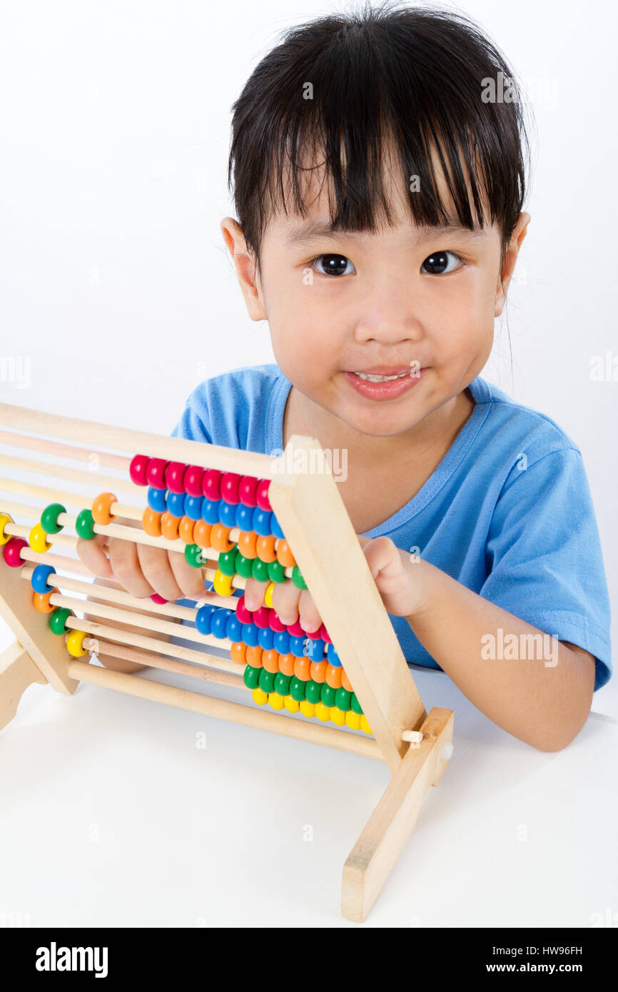 Asian Little Chinese Girl Playing Colorful Abacus isolated on White ...