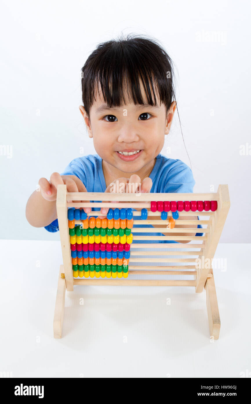 Asian Little Chinese Girl Playing Colorful Abacus isolated on White ...