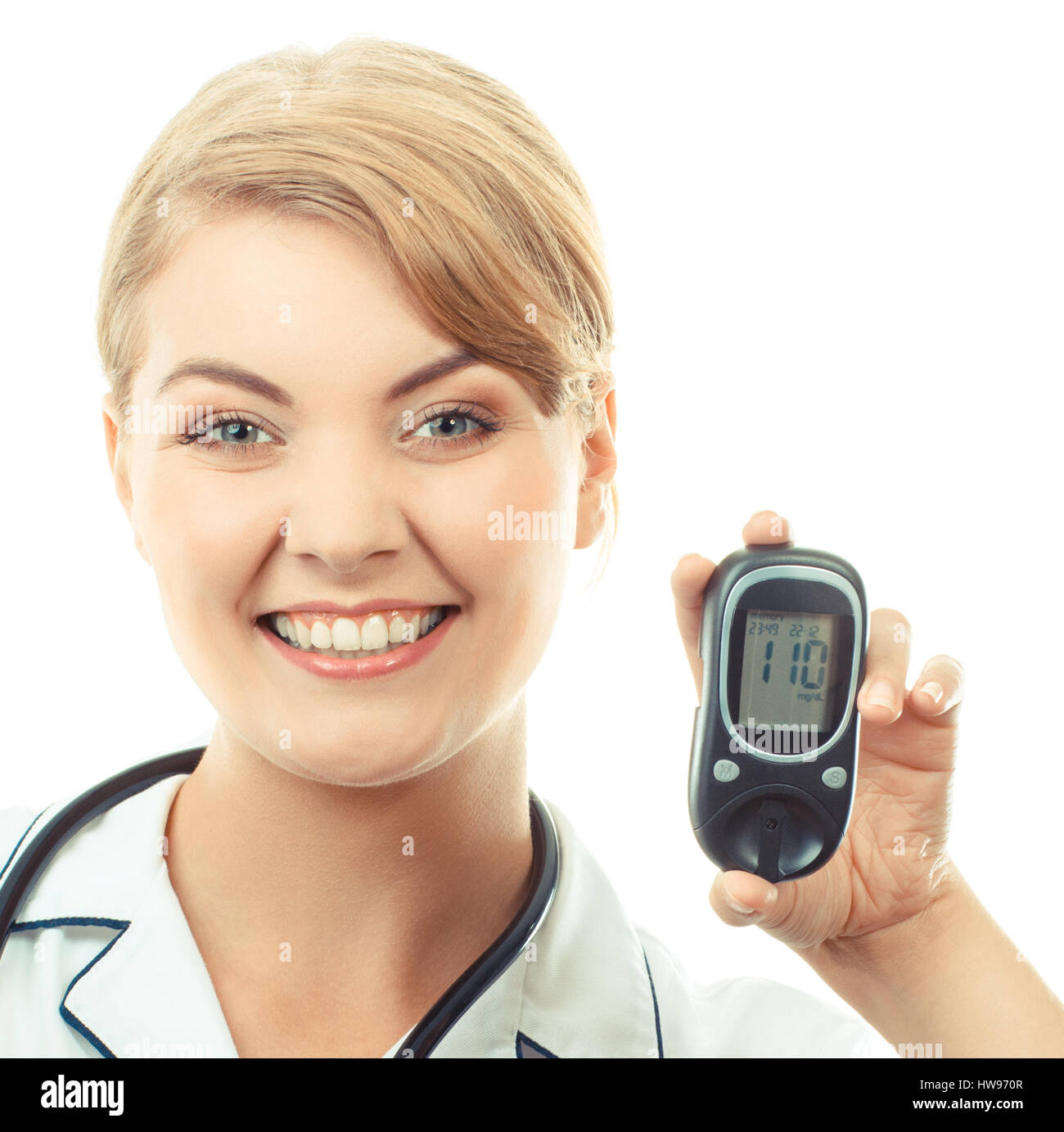 Vintage photo, Woman holding glucometer with positive result of ...