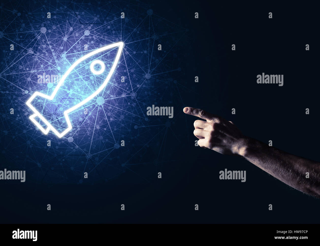 Man palm presenting Rocket web icon as technology concept Stock Photo ...