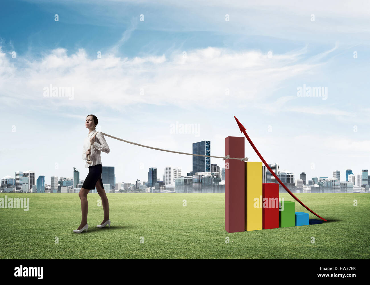 Businesswoman pulling arrow with rope and making it raise up Stock ...