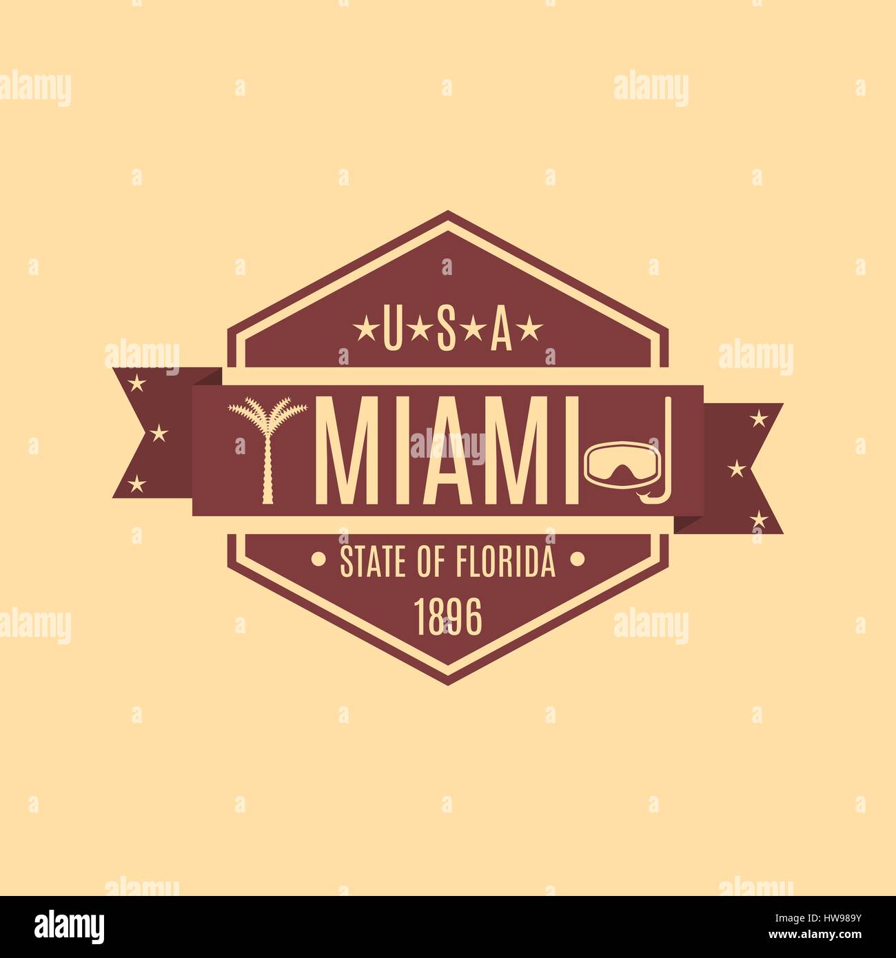 Hexagonal emblem with the text of the city of MIAMI in a retro style ...