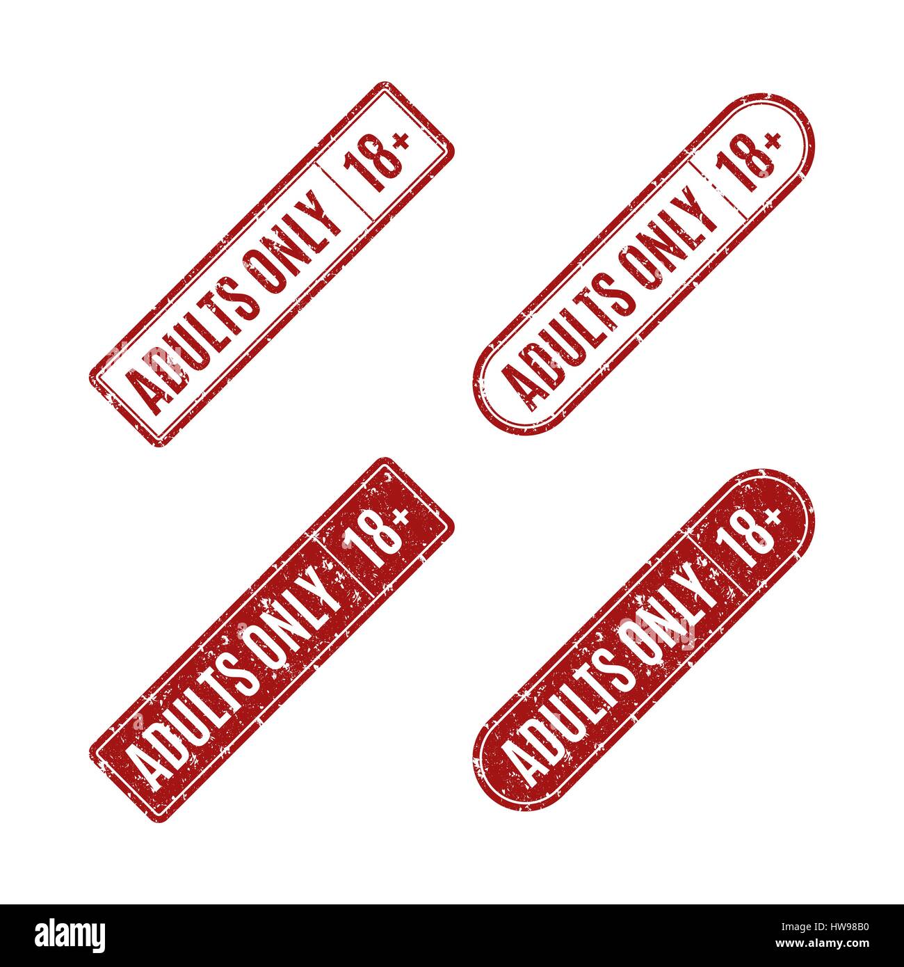 Set of four rectangular stamps adults only, grungy icons age limit ...
