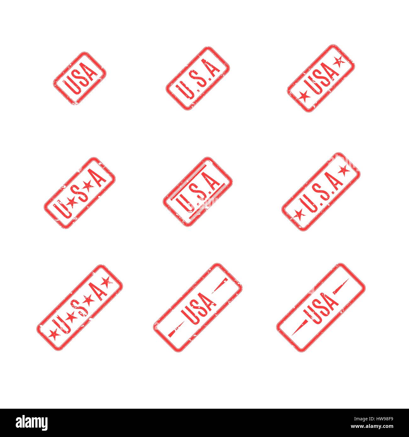 A set of rectangular grunge USA stamps isolated on white background ...