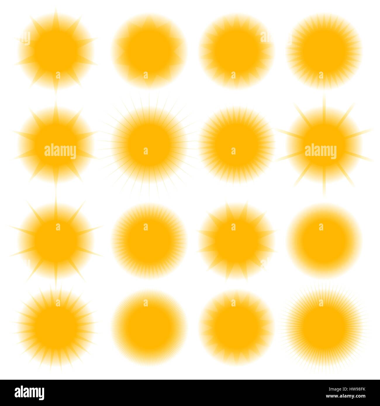 Set of sixteen different icons blurred sun, isolated on white ...