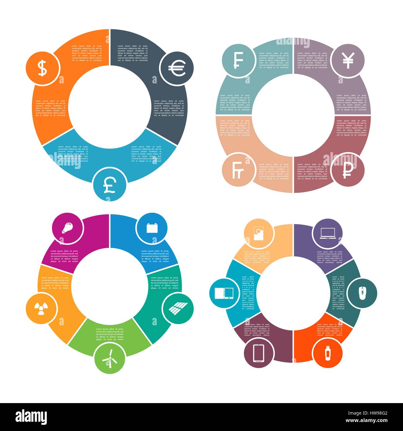 A set of bright circular elements for infographics, isolated on white ...