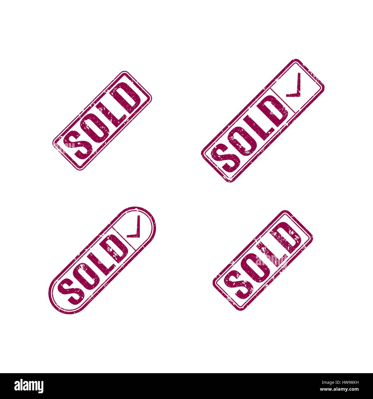 Set of multicolored rectangular stamps sold, grungy icons, isolated on ...