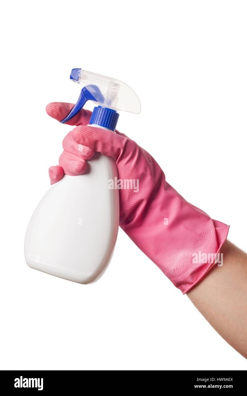 Cleaning spray in hand isolated on white background Stock Photo - Alamy
